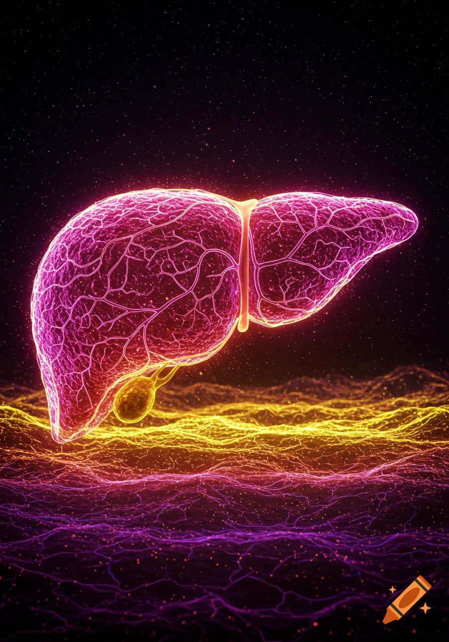 Glowing neon pink and yellow abstract human liver and gallbladder with ...