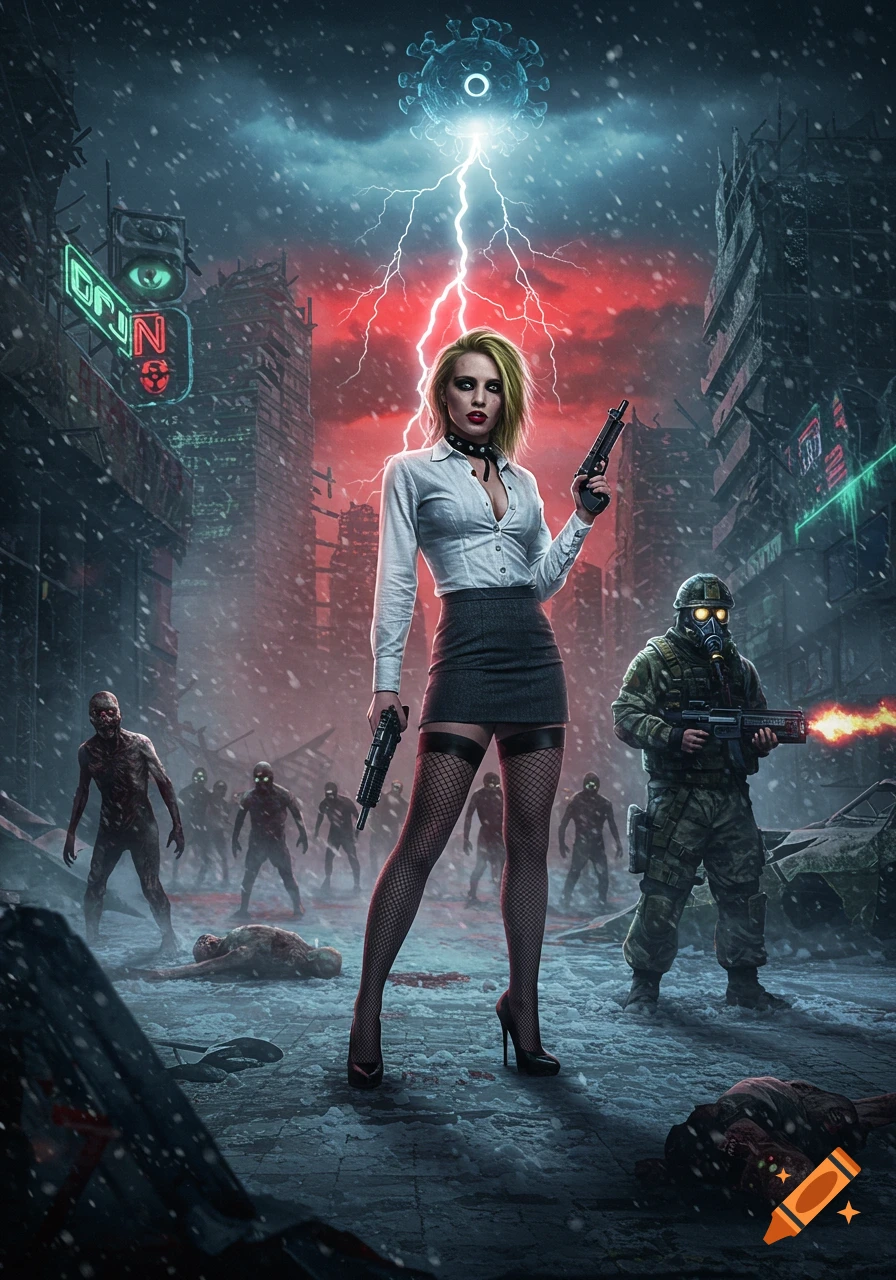 Digital art of a serious woman with two-toned hair, wearing a black ...