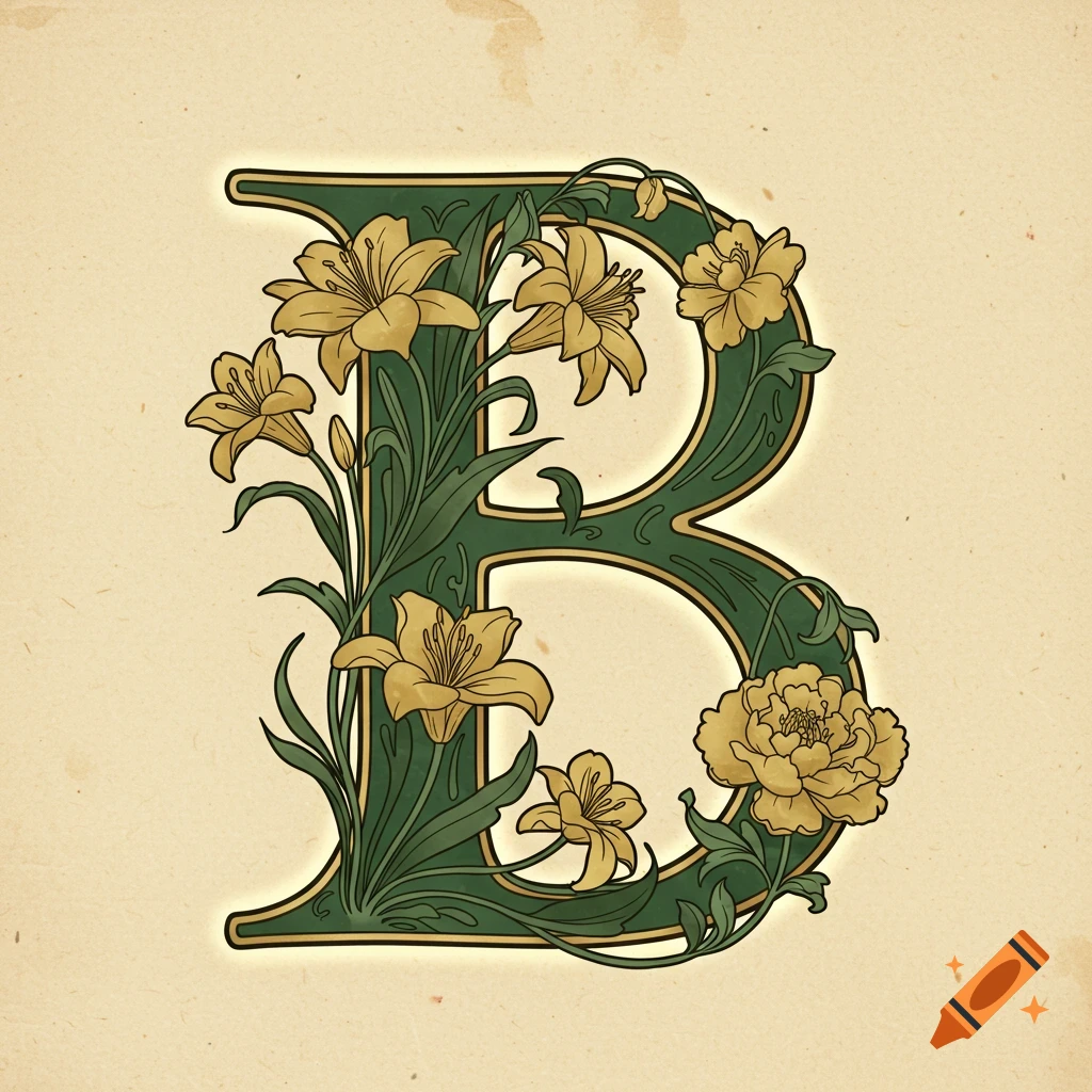An elegant Art Nouveau monogram letter B adorned with yellow lilies and ...