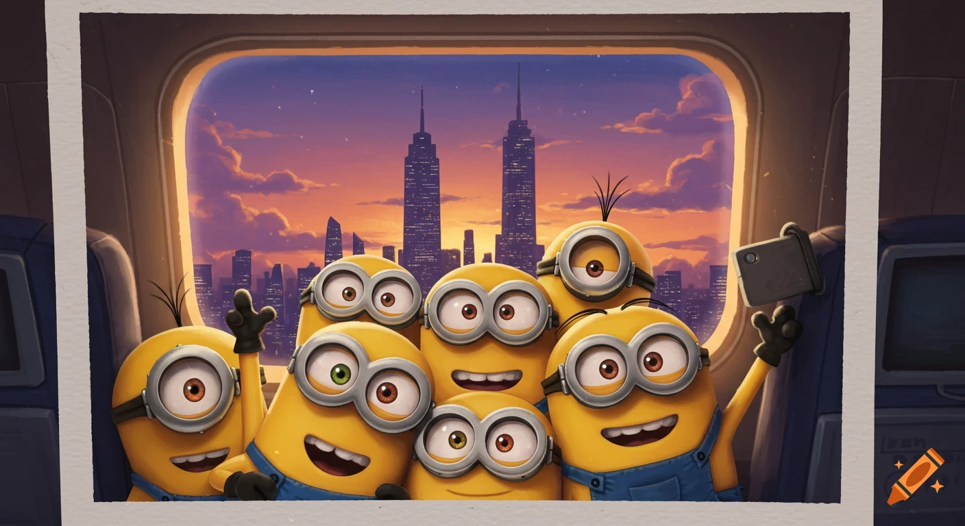 Gru smiles alongside three minions, two of whom are holding bananas ...