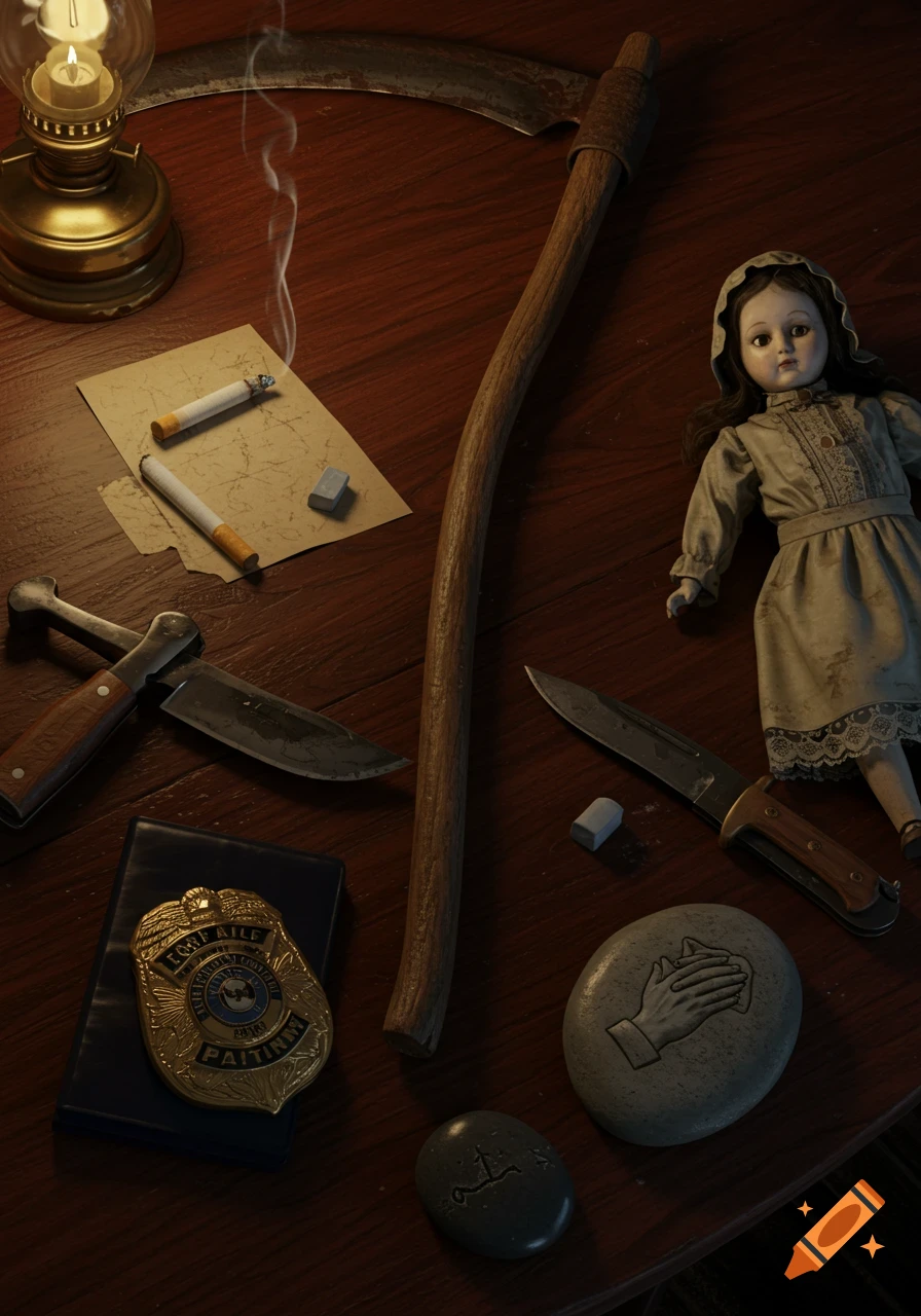 A still life of a scythe, doll, knives, police badge, and cigarettes on ...