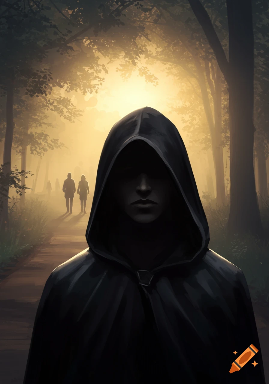 A person in a black hooded cloak with a shadowy face stands on a misty ...