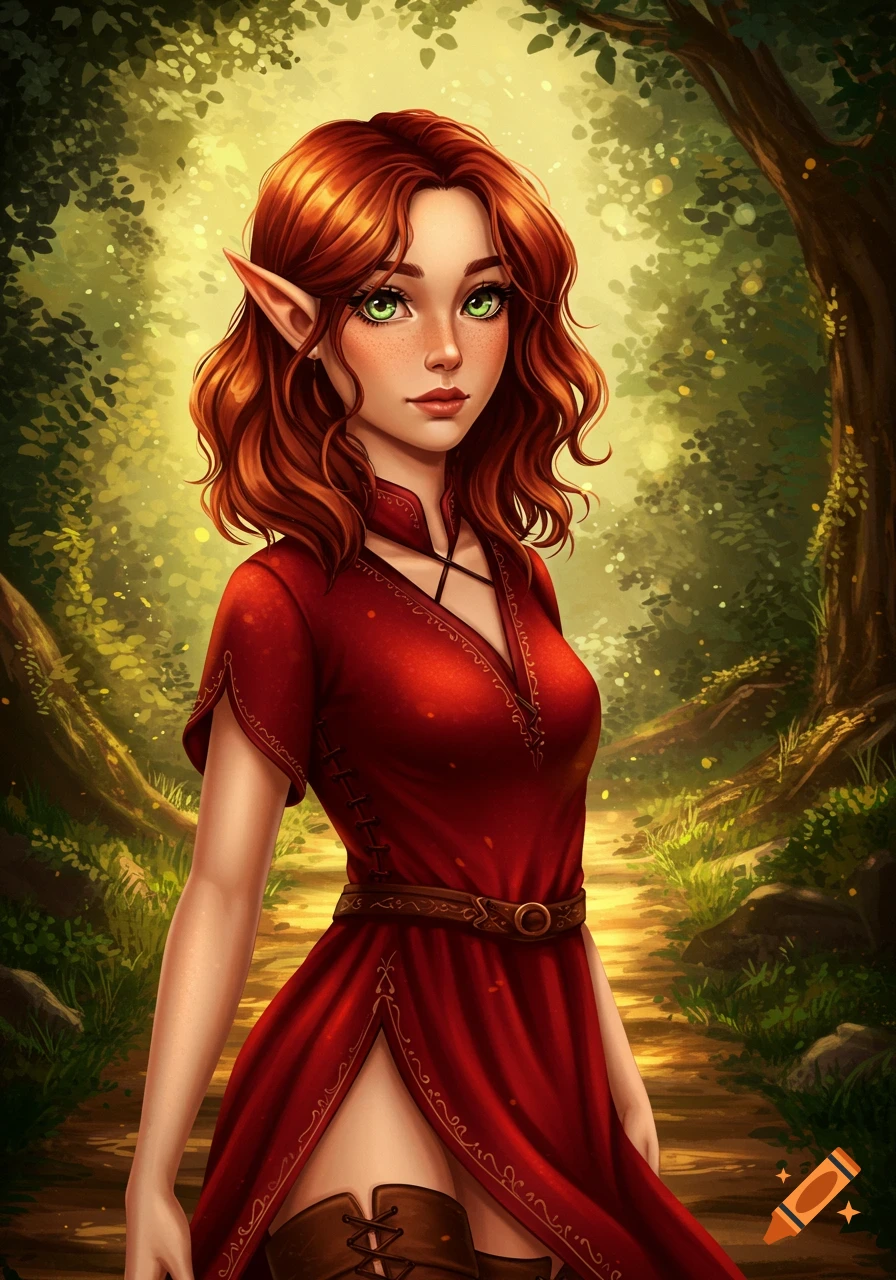 A red-haired half-elf woman with green eyes wearing a red dress and ...