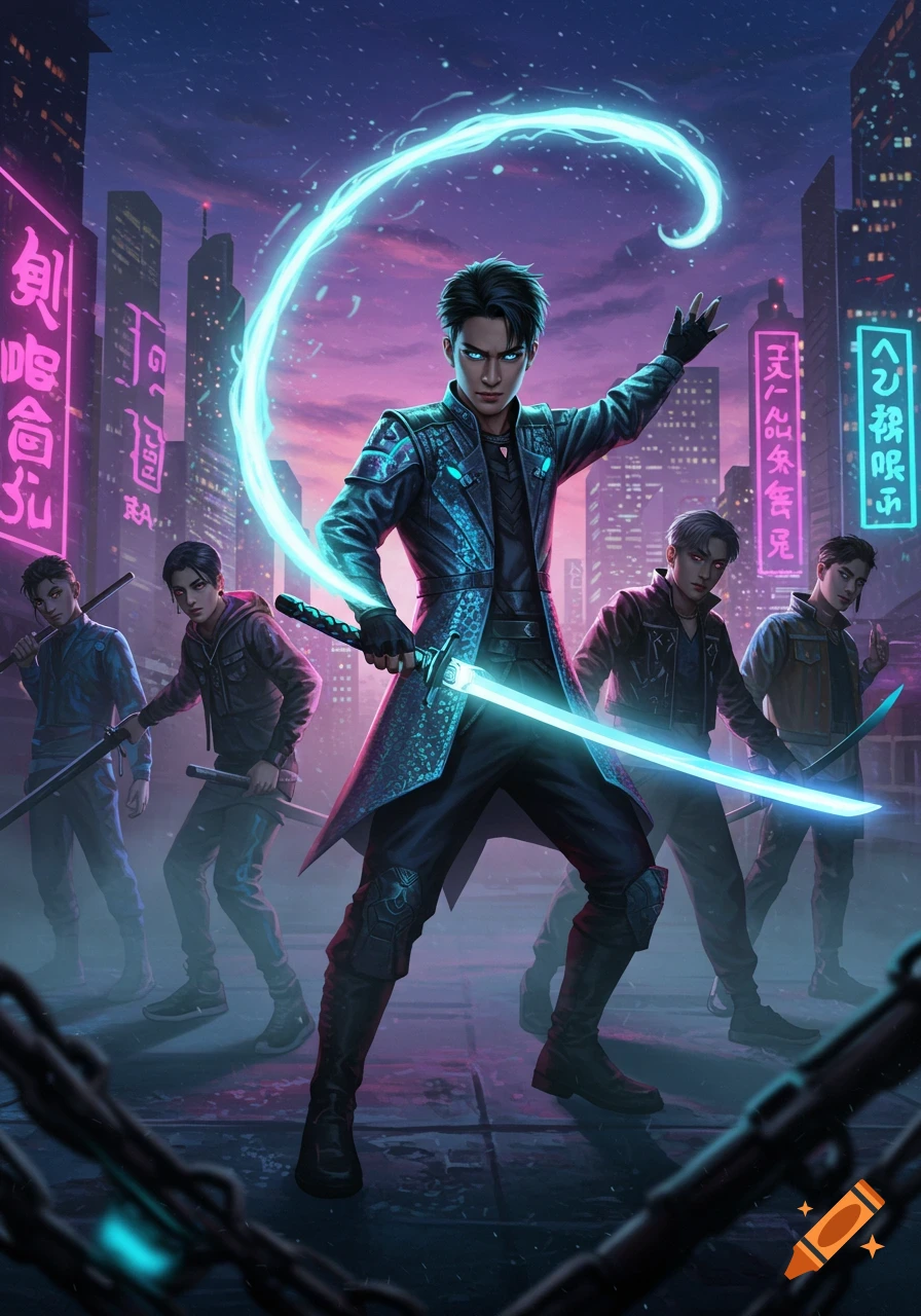 A group of Kpop-style male demon hunters with glowing swords and blue ...