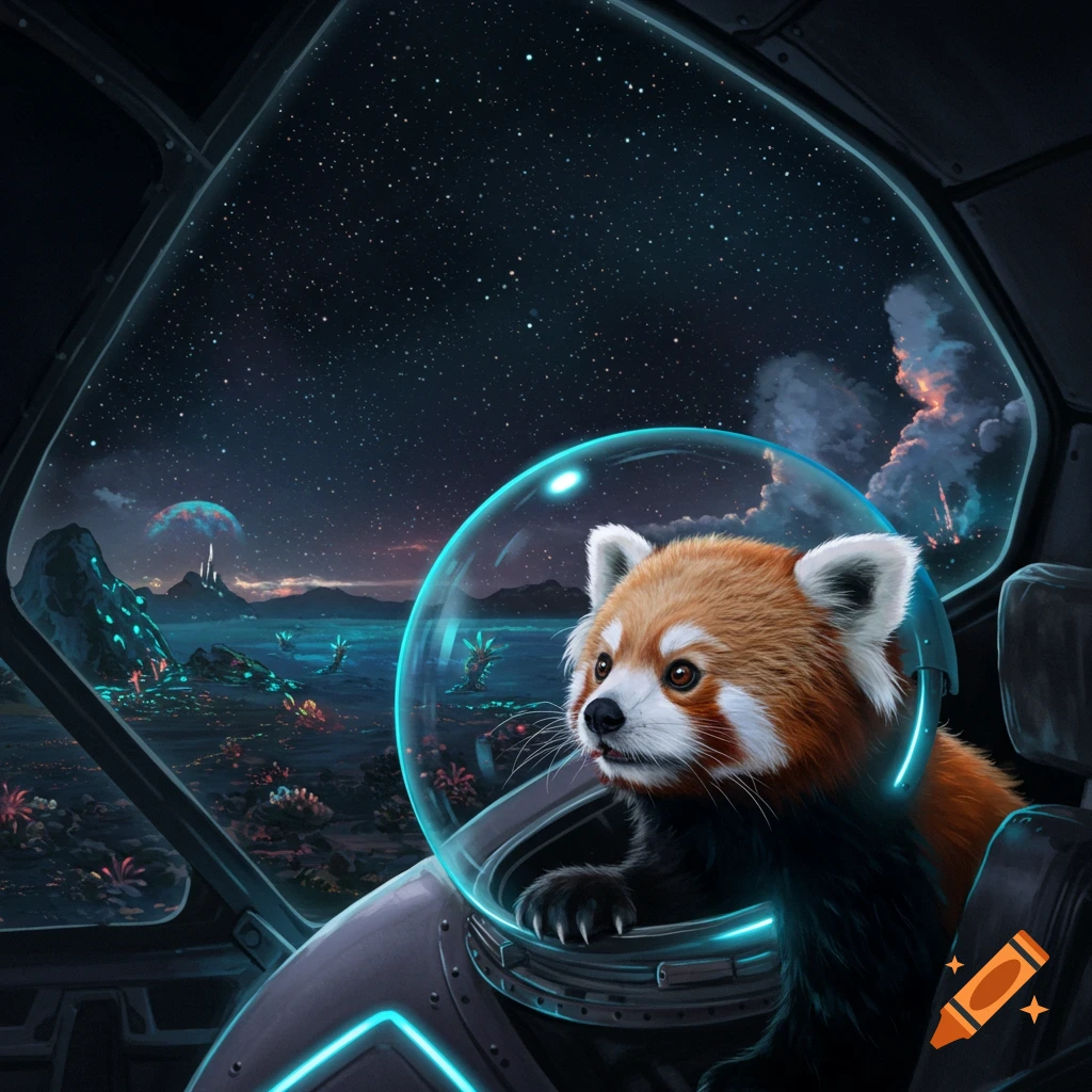 Photorealistic red panda in an astronaut helmet looking out of a ...