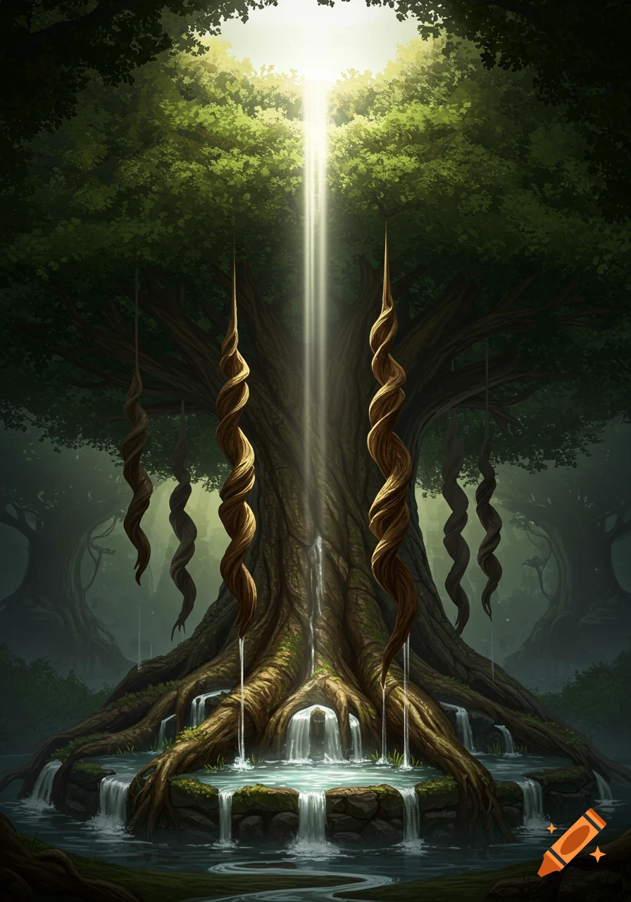 A mystical ancient tree with a bright beam of light shining through its ...