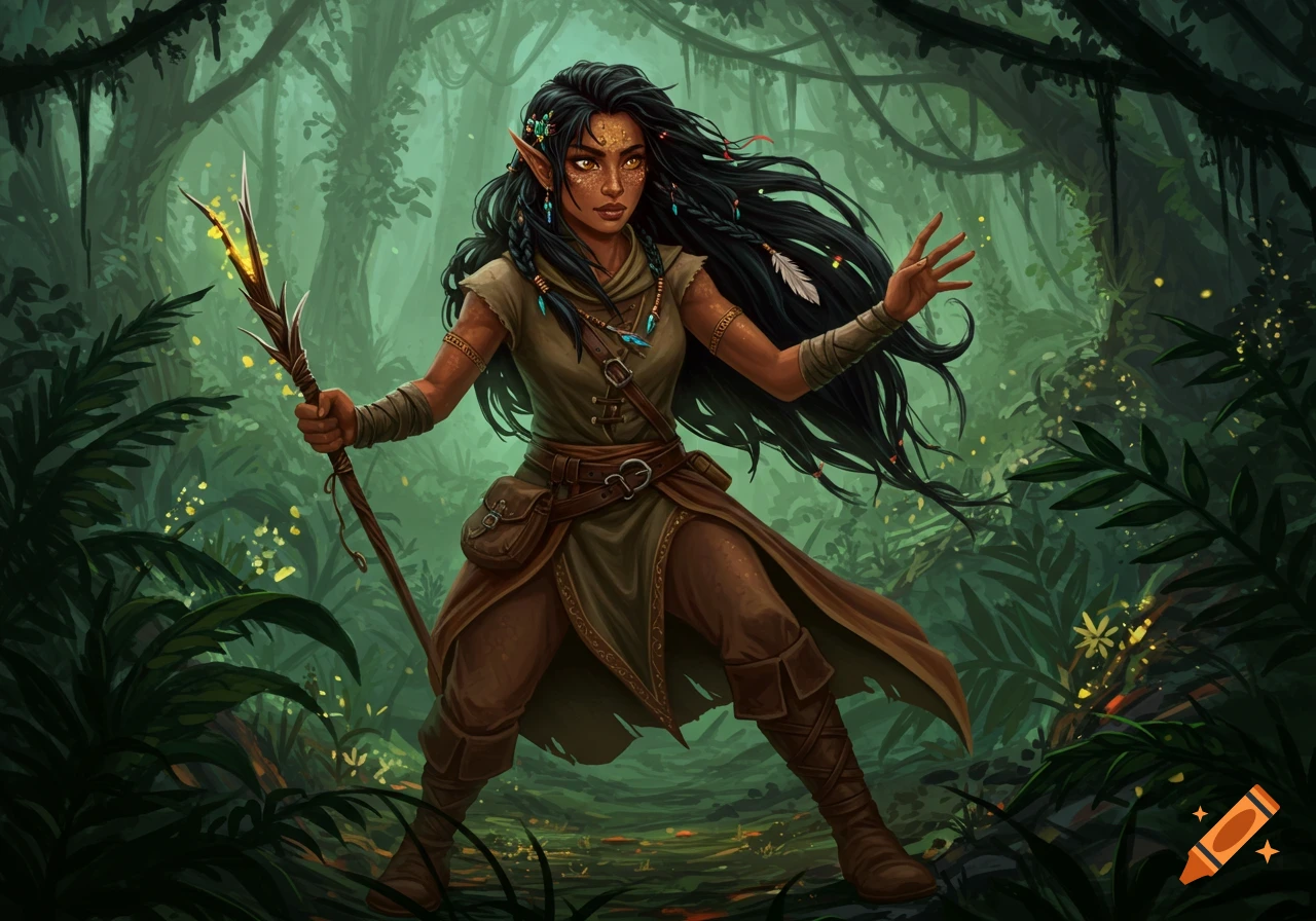 A dark-skinned female elf with long black hair, gold eyes, and brown ...