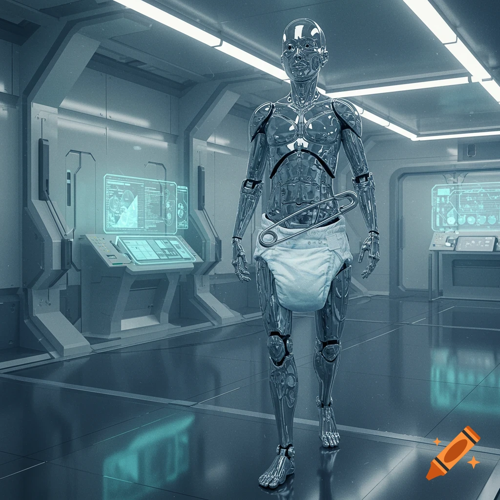 A chrome humanoid robot wearing a white cloth diaper and a large safety ...