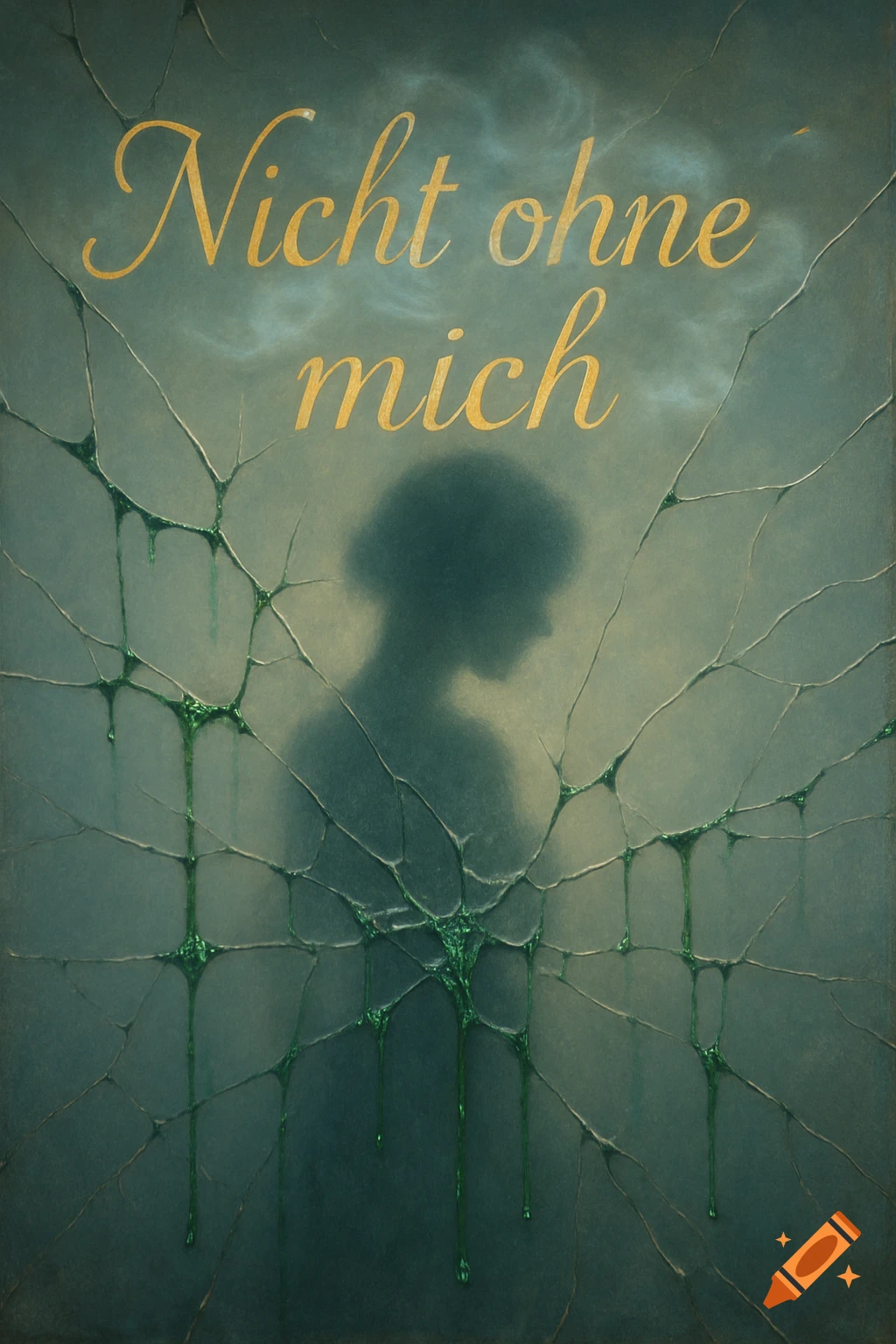 A moody painting of a female silhouette behind a broken glass wall with ...