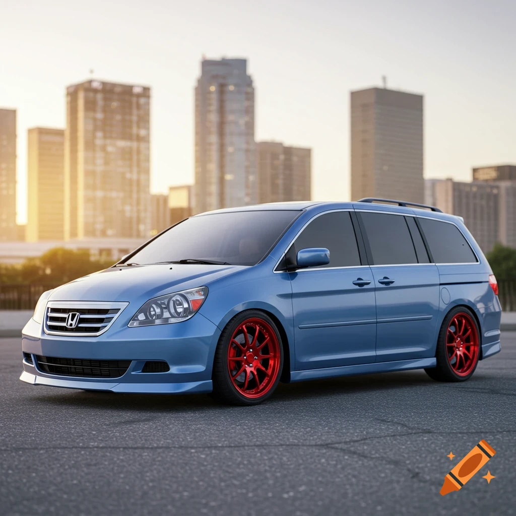 A light blue Honda Odyssey minivan with red rims parked on asphalt, a ...