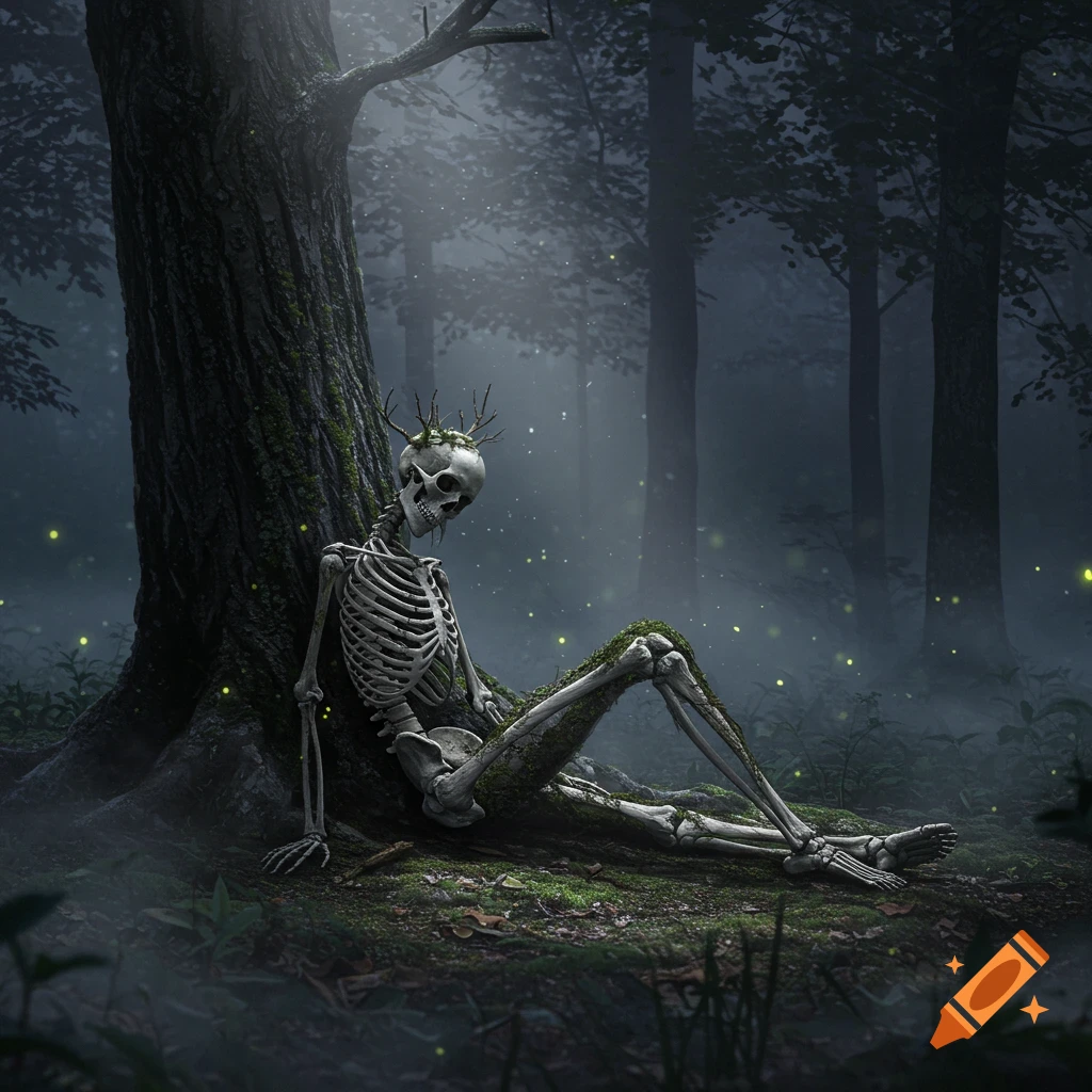 Photorealistic fantasy art of a moss-covered skeleton with a twig crown ...