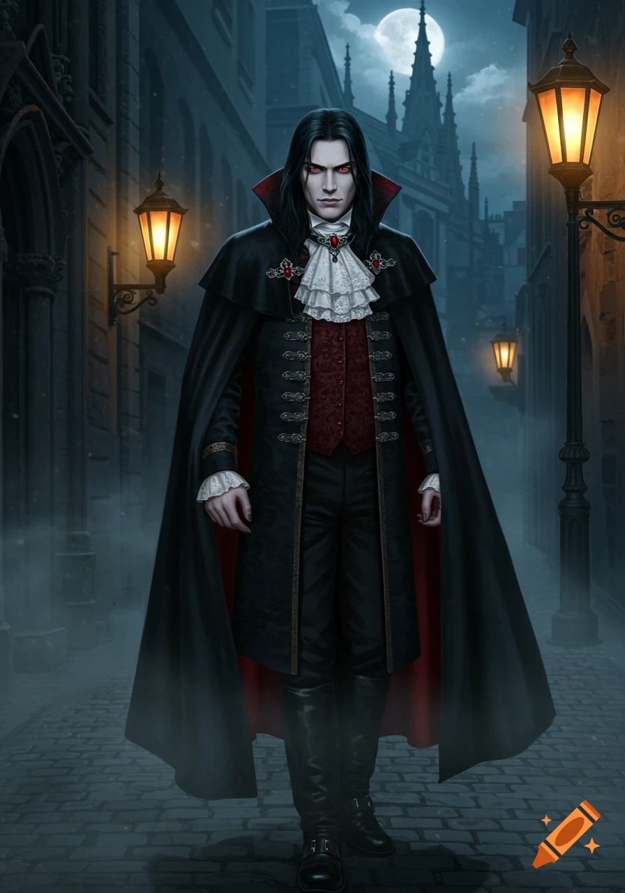 A handsome male vampire with pale skin, red eyes, and dark hair in a ...