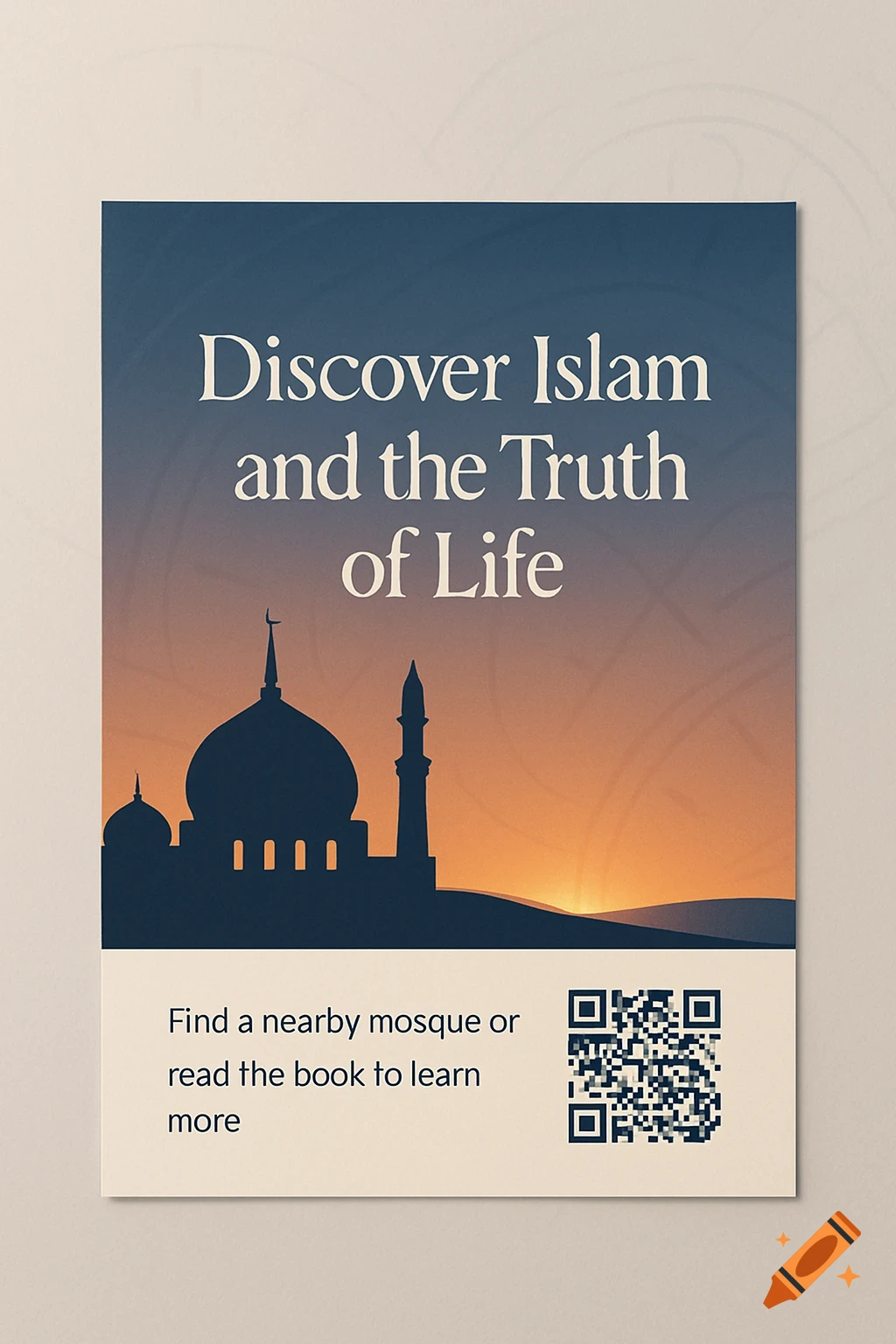 A flyer with "Discover Islam and the Truth of Life" above a silhouette of a mosque and minaret ...