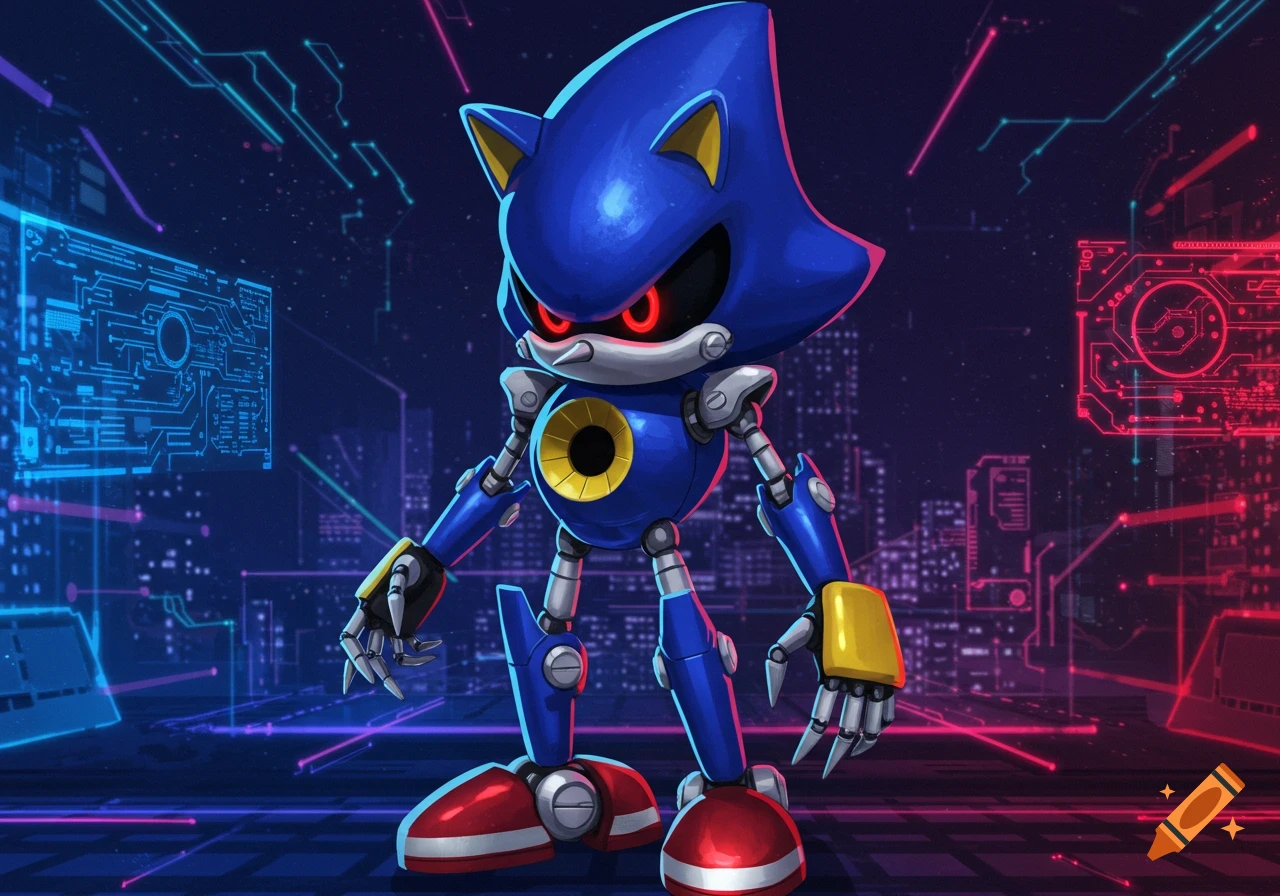 Two blue and silver Metal Sonic robots with glowing red eyes stand on a ...