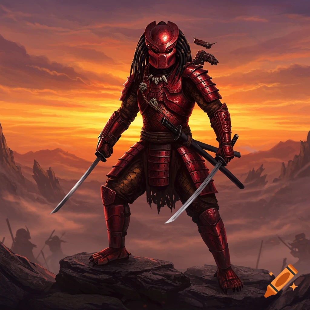A detailed illustration of a red Predator Yautja in samurai armor ...