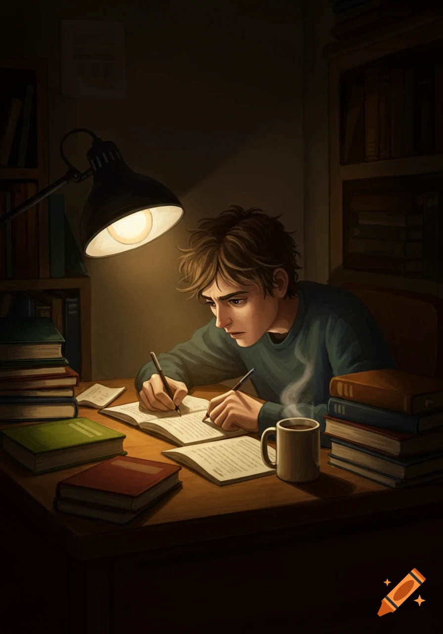 An illustrated young student with messy brown hair intensely studying ...