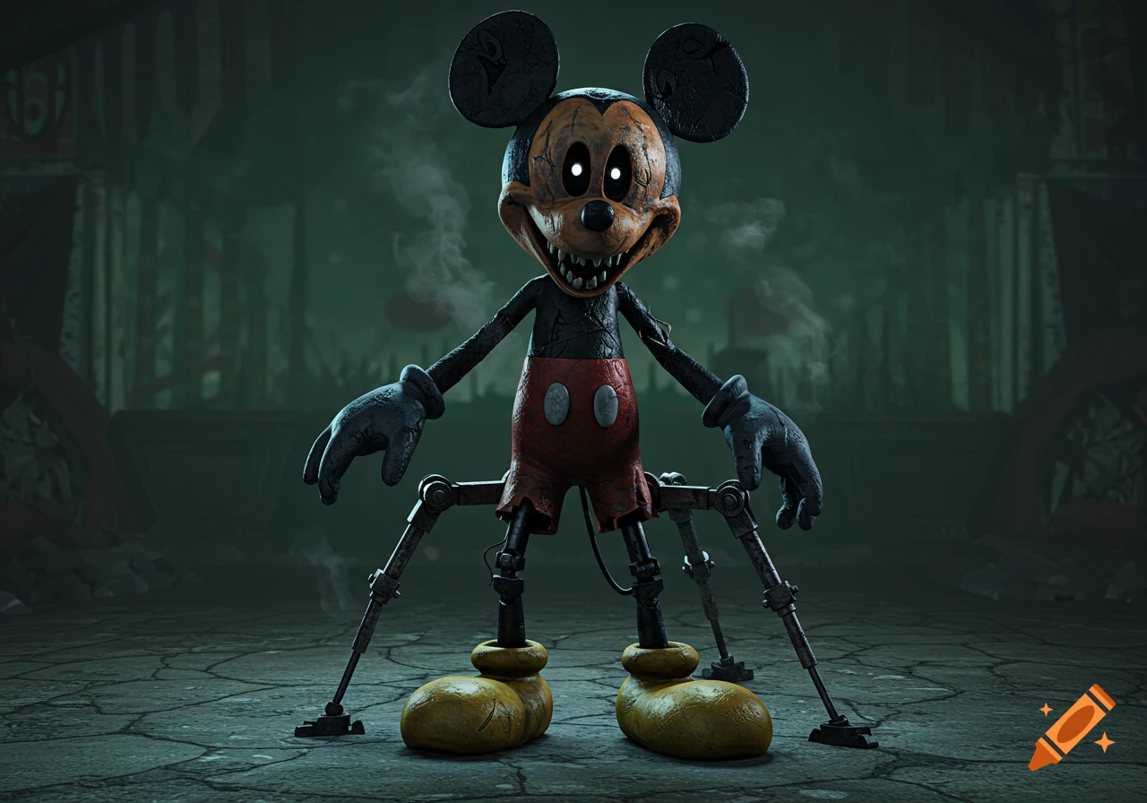 A grinning black and yellow ink demon with horns stands in a grimy ...