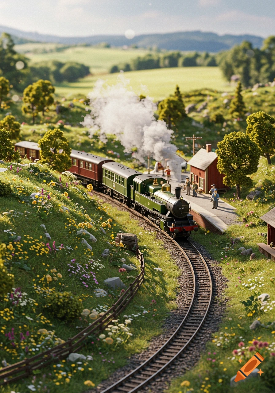 A miniature model train, green and red, travels on tracks through a ...