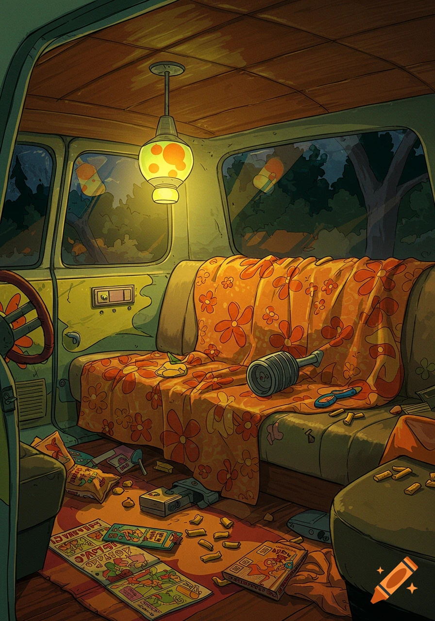 A cartoon illustration of a messy van interior, resembling the Mystery ...
