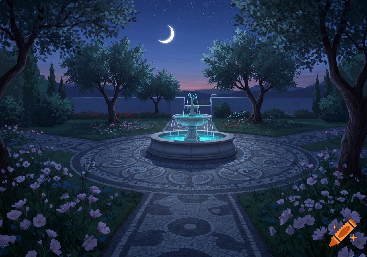 Illustrated night garden with a glowing fountain, crescent moon, lush trees, and ornate ...