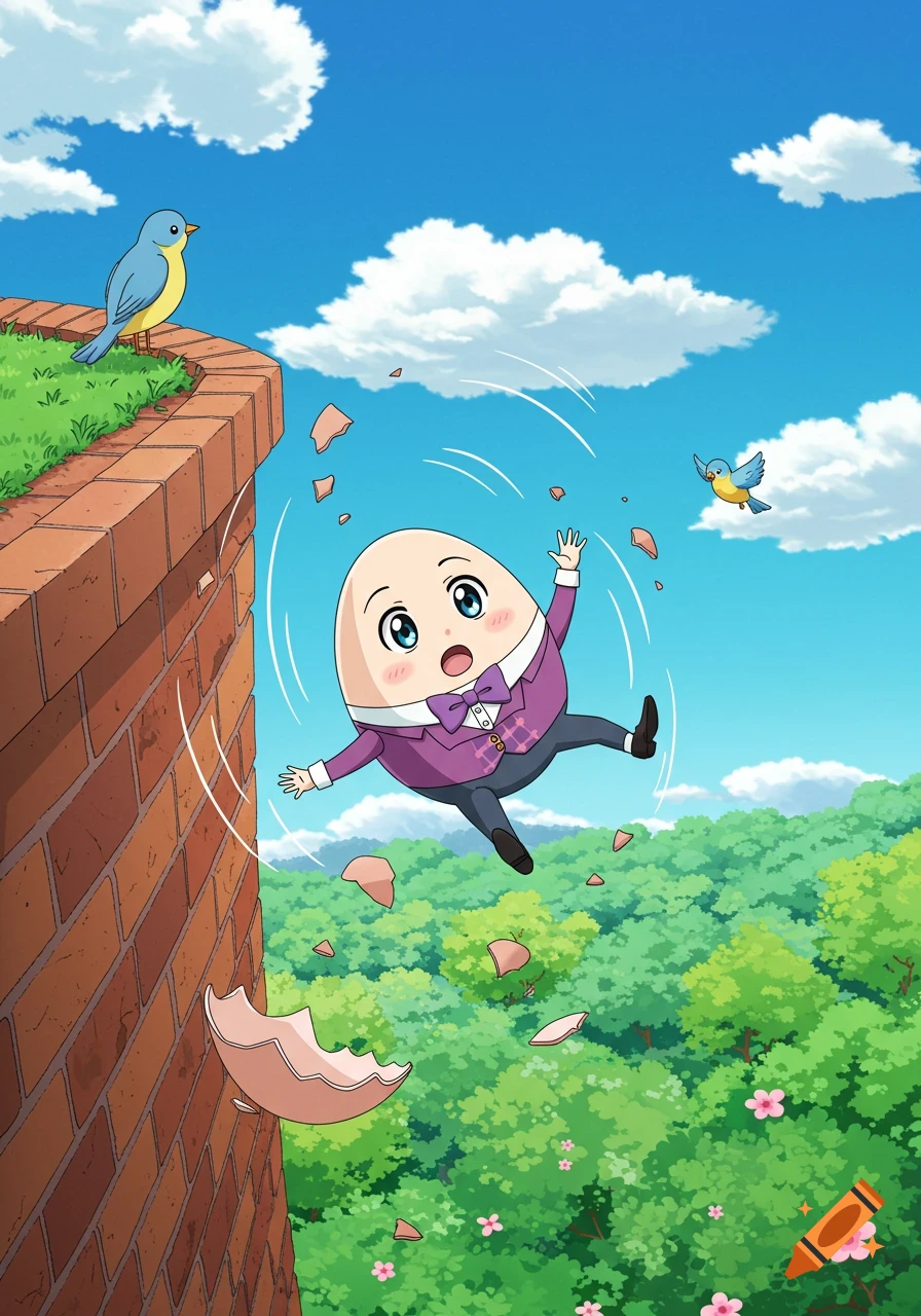 Cartoon Humpty Dumpty, an egg in a purple suit, falls from a brick wall ...