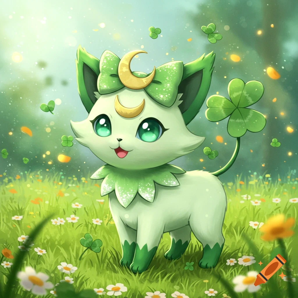 A cute green anime cat with big green eyes, a clover tail, and a moon ...