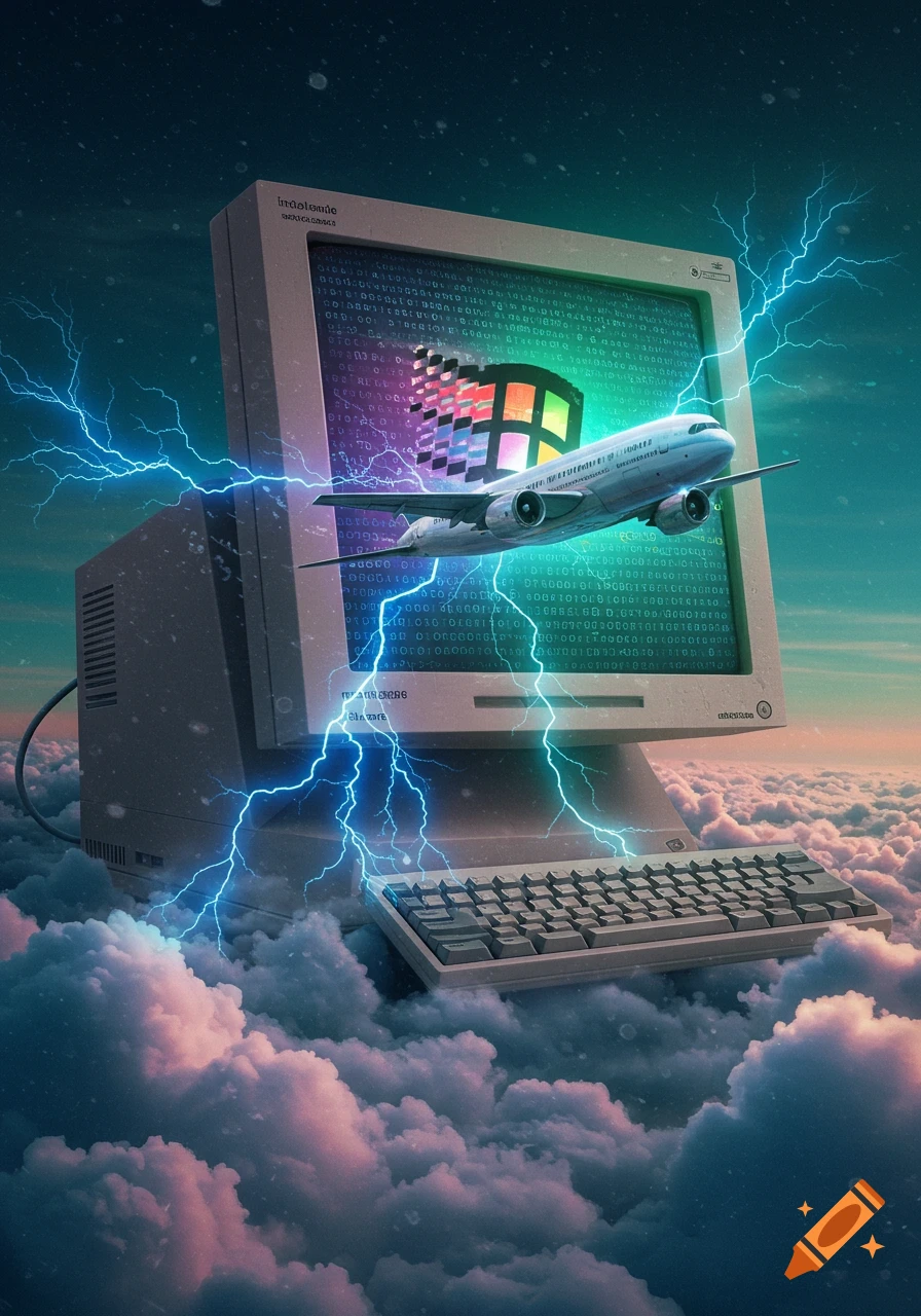 A vintage computer monitor and keyboard float on clouds, with an ...