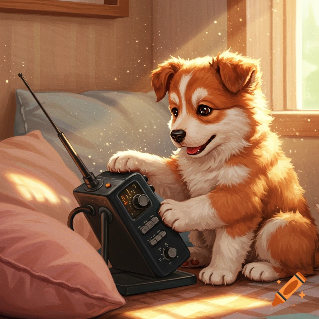 A Golden Retriever in a pink polka-dot dress sits at a desk with a ...