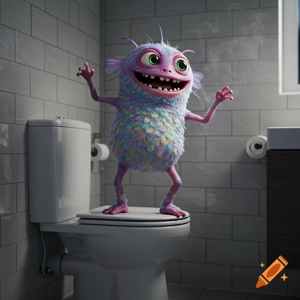 A fluffy, multicolored monster with purple skin and large green eyes ...