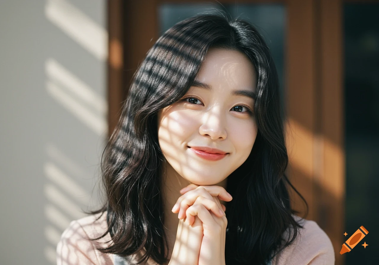 Photorealistic portrait of a smiling Korean woman with soft black hair ...