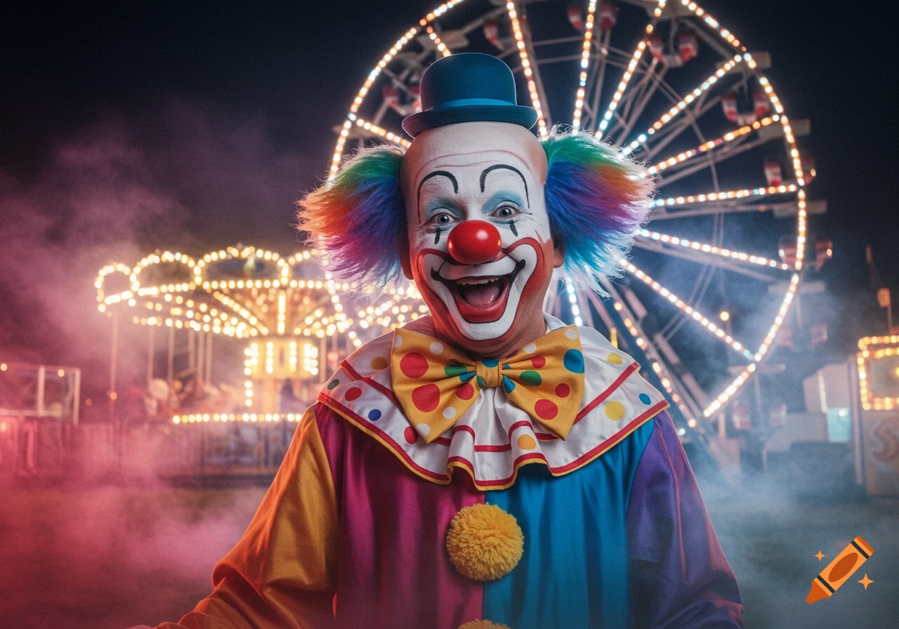 A sad Pennywise clown with orange hair and a ruffled collar sits on a ...