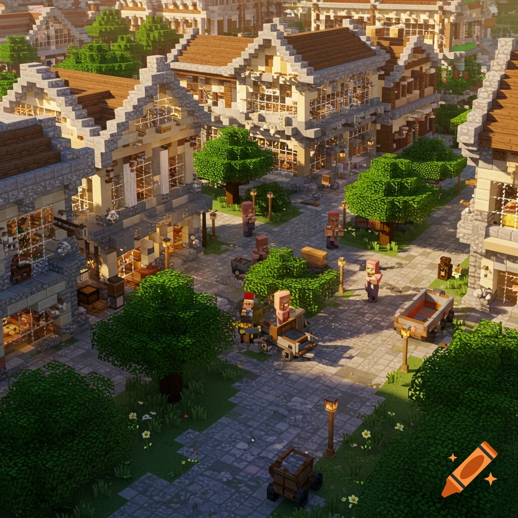 A detailed Minecraft-style street view of a bustling city with ...