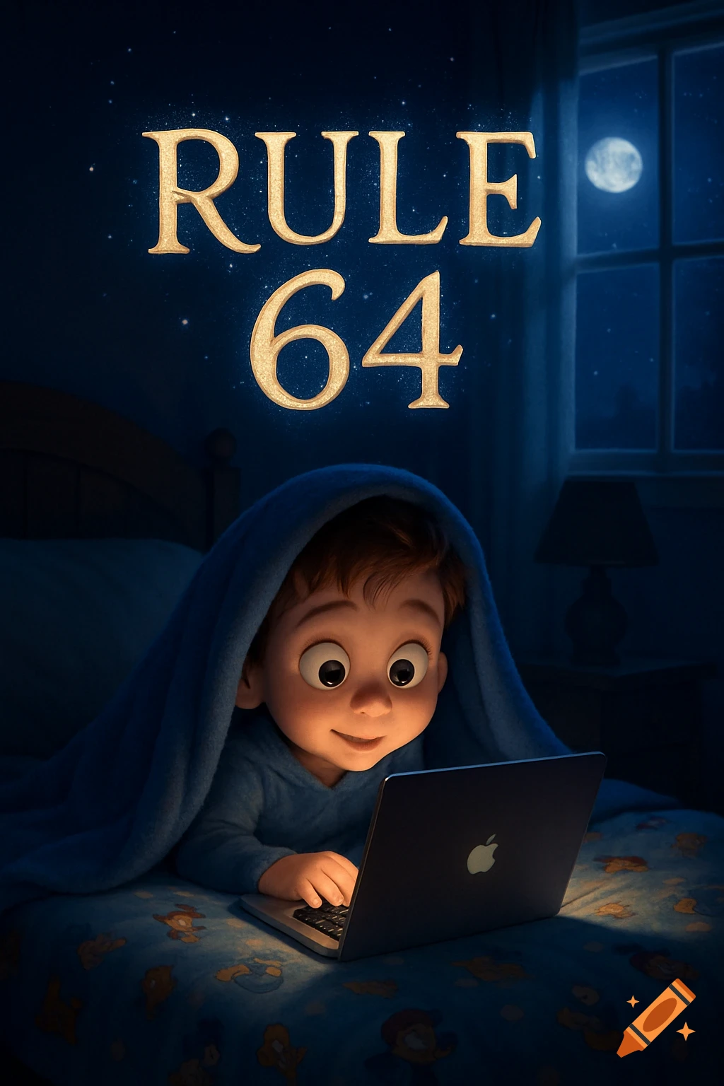 A 3D animated poster shows a wide-eyed child under a blue blanket in ...