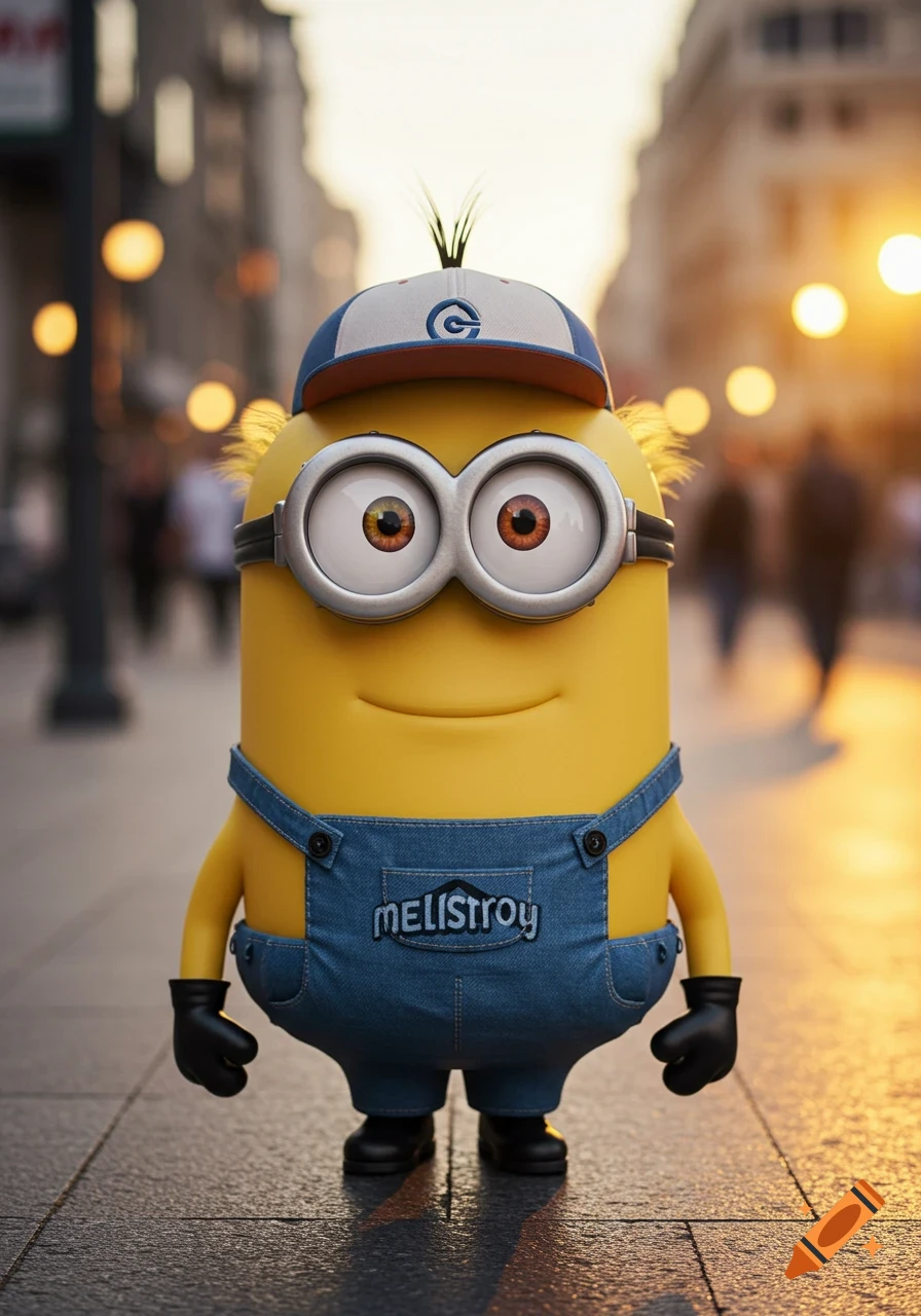 A photorealistic Minion character in a baseball cap and denim overalls ...