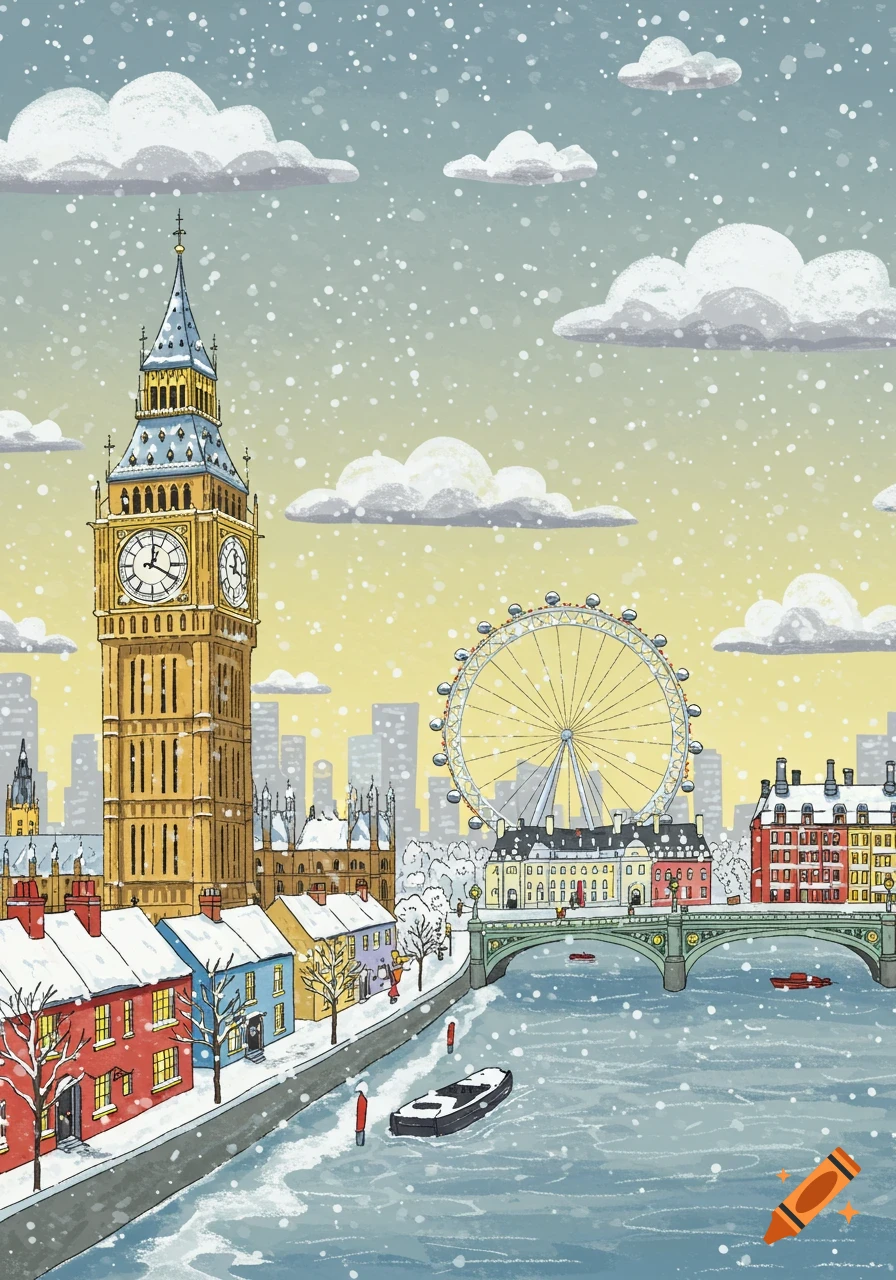 A cartoon illustration of a snow-covered London cityscape with Big Ben ...