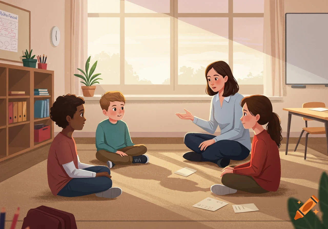 An illustration of a diverse classroom with a teacher instructing ...