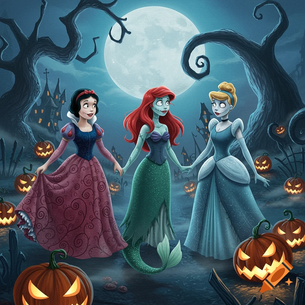 Spooky Tim Burton-style Disney princesses Snow White, Ariel, and ...