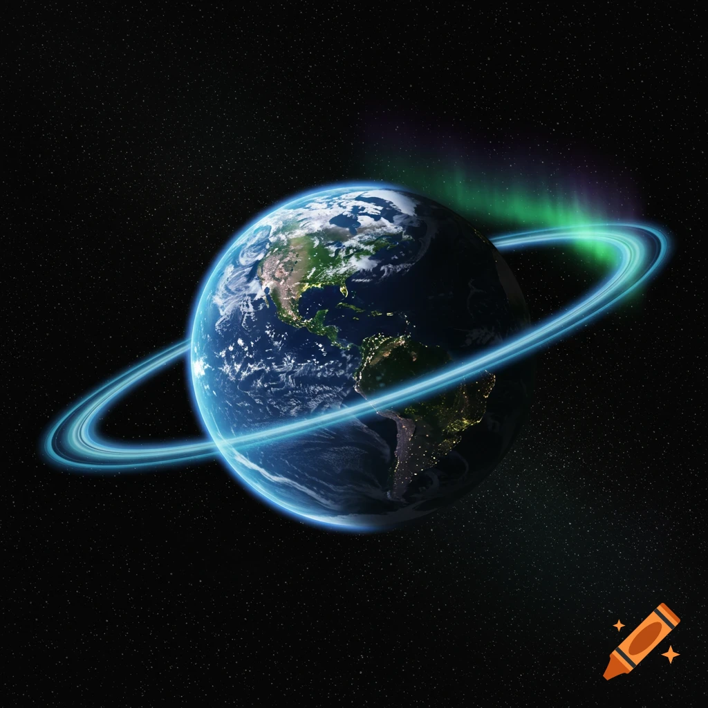 A blue planet with continents and clouds, encircled by a bright red ...