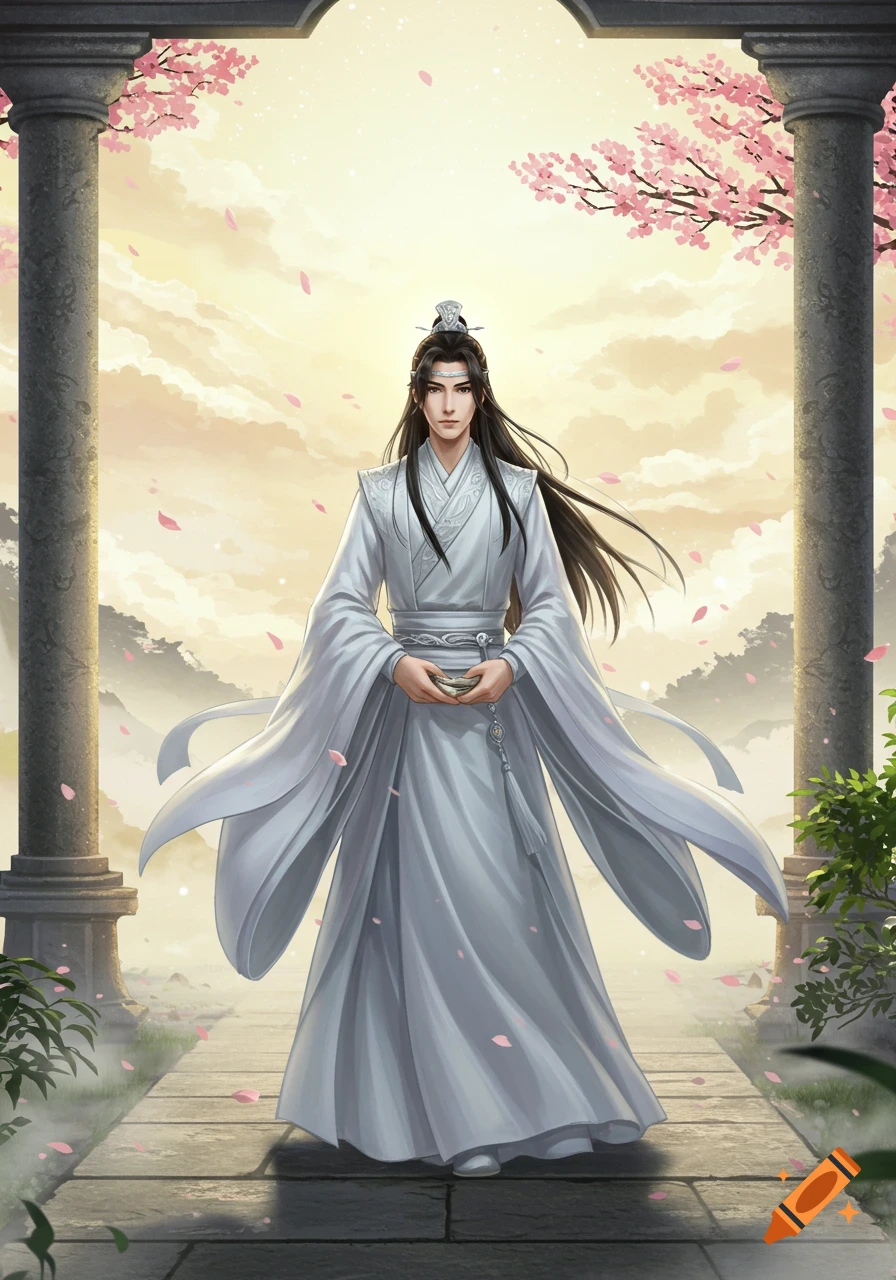 A long-haired male character in flowing white robes stands between ...