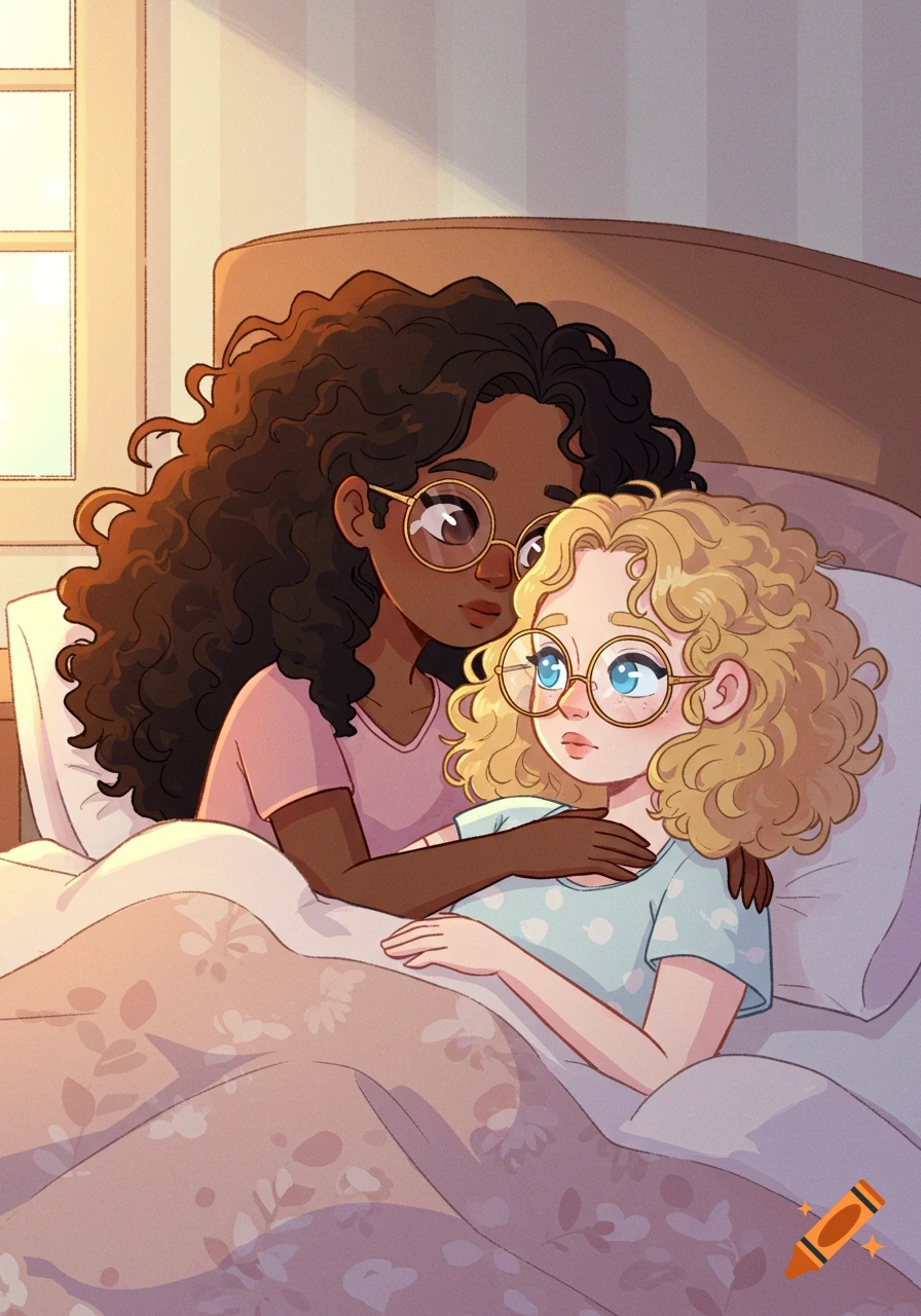 Cartoon of two diverse women with curly hair and glasses cuddling ...