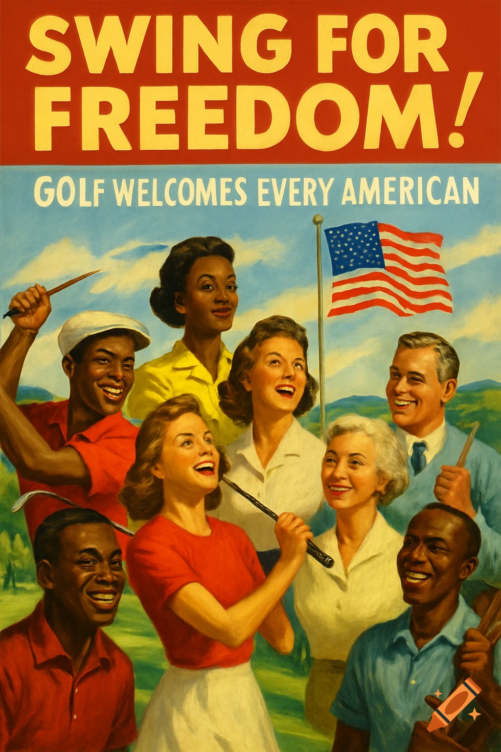 Vintage propaganda poster shows diverse people happily golfing under an ...
