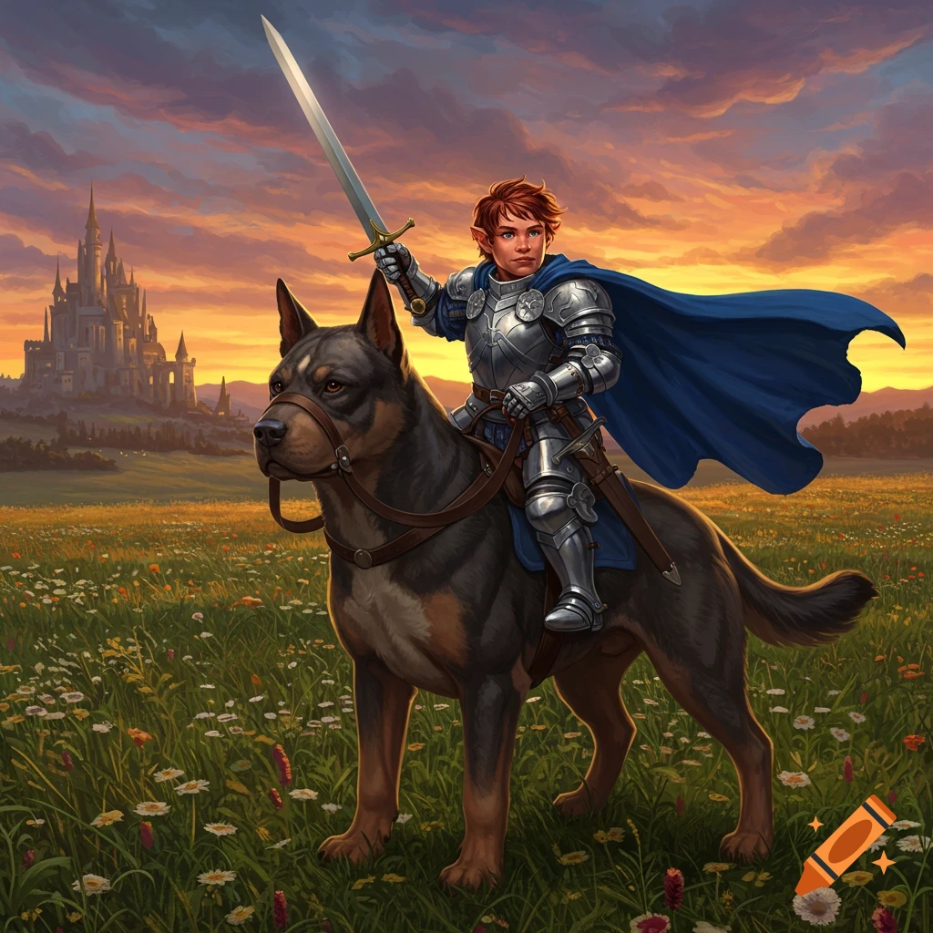 A young halfling knight in shining armor rides a large dog through a ...