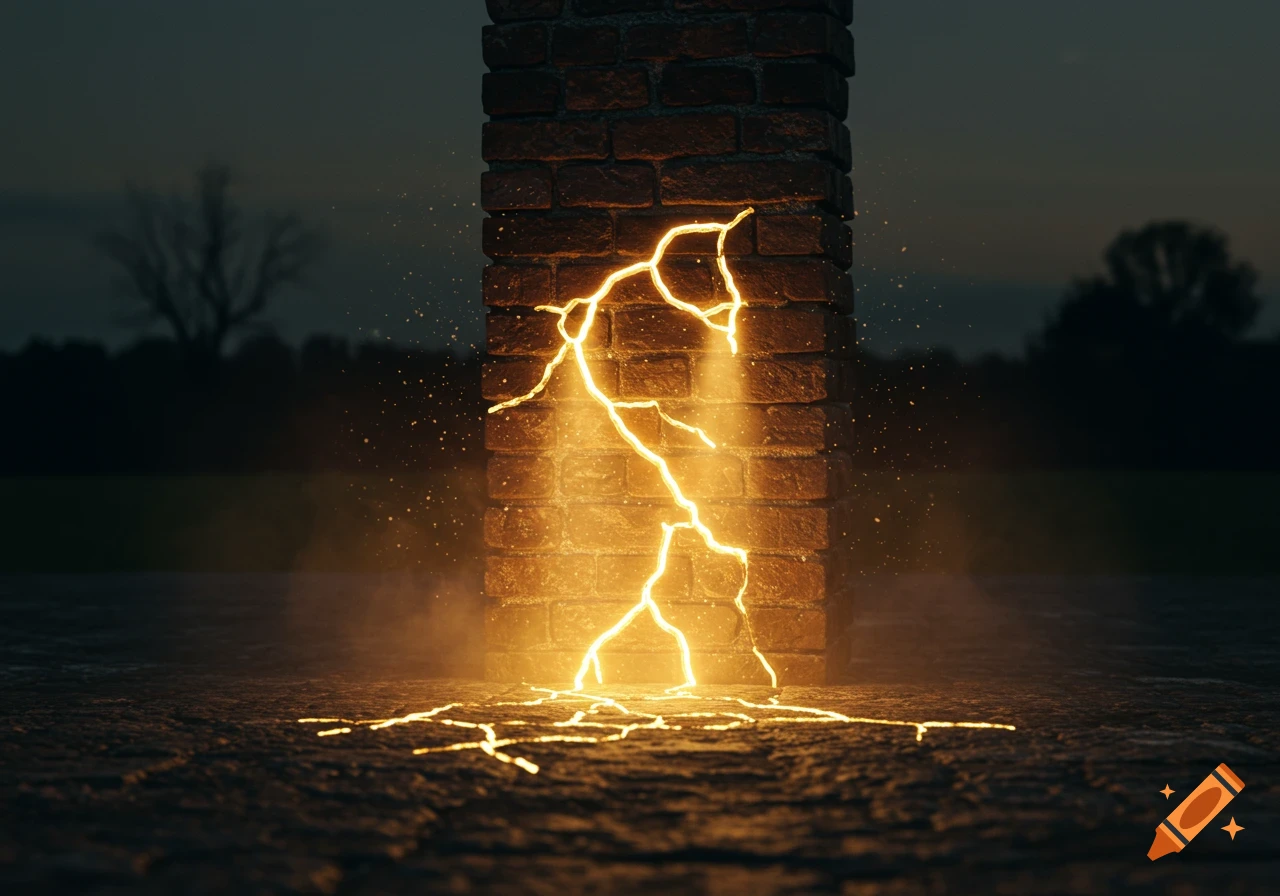 A dark brick column with glowing yellow light escaping through cracks ...