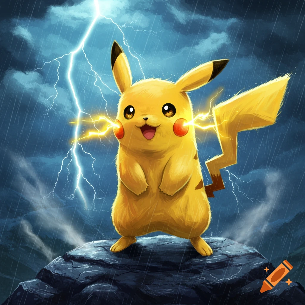 Digital illustration of Pikachu standing on a rock in the rain with ...