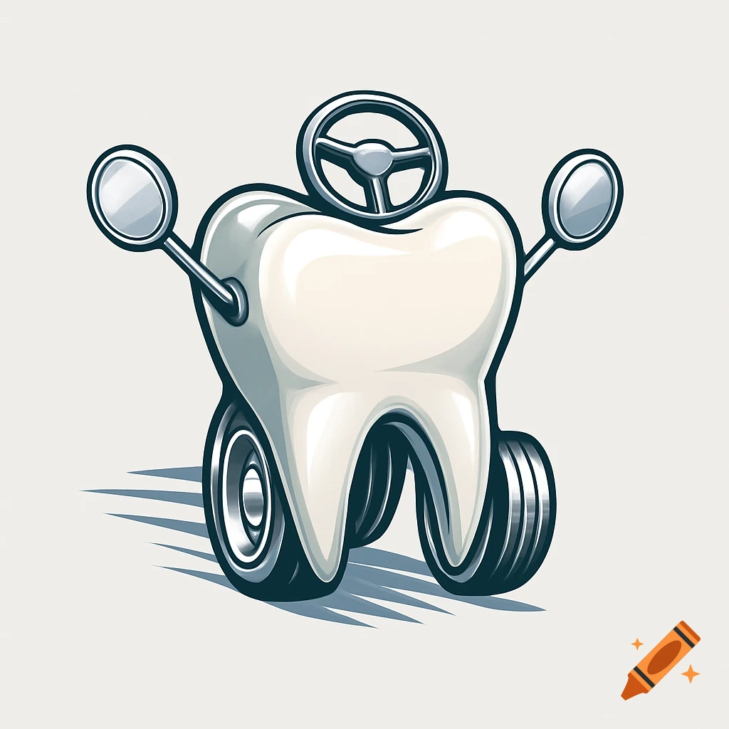 A stylized molar tooth cartoon with car wheels as roots, a steering ...
