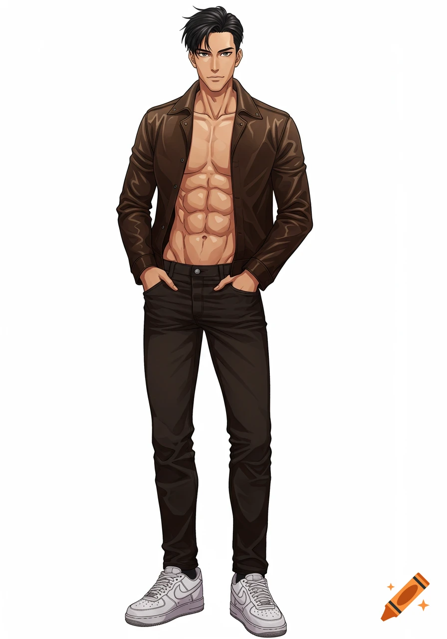 Anime Handsome man with a beard smirking with a black hair man bun on ...