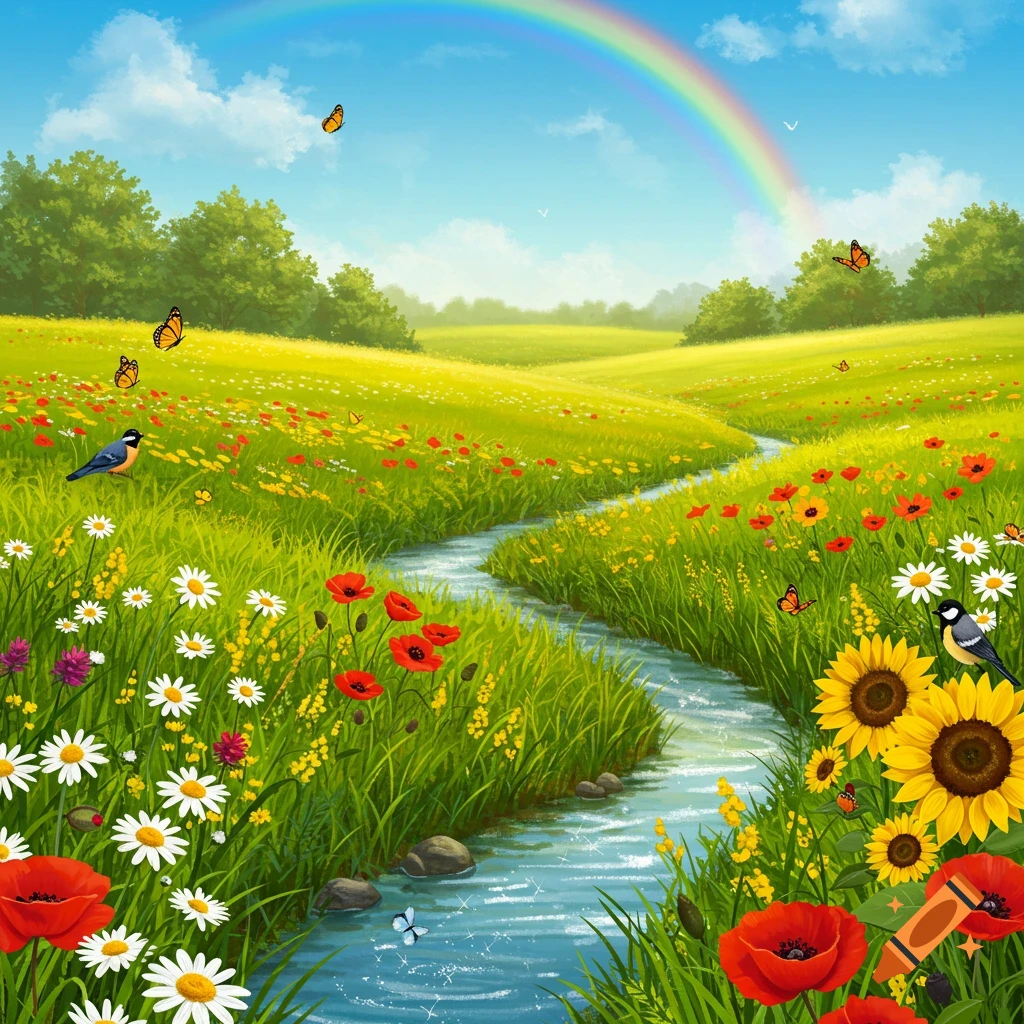 Vibrant illustration of a spring meadow with a winding stream, colorful ...