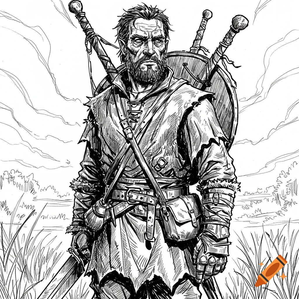 Black and white ink drawing of a stoic, scruffy D&D adventurer with ...