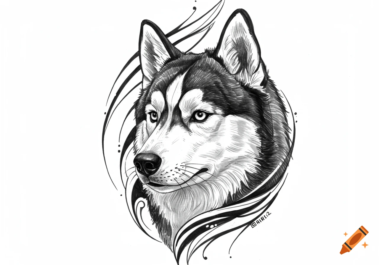 Black and white illustration of a husky dog's head with stylized ...