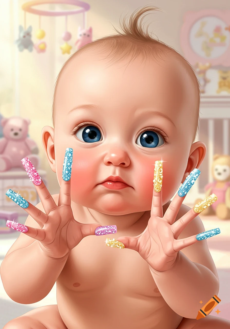 A cute baby with wide blue eyes holds up hands adorned with long ...